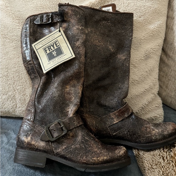 Frye | Shoes | Frye Veronica Slouch Distressed Leather Boots Chocolate ...